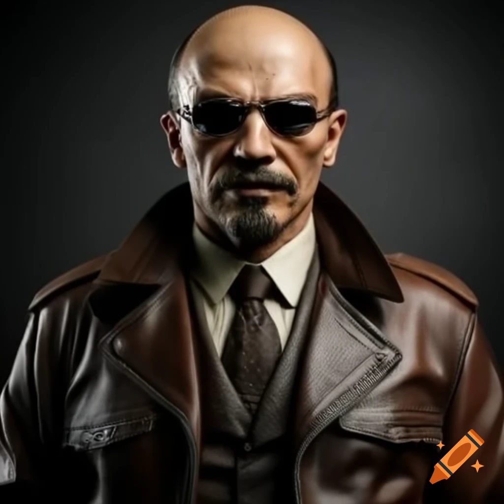 Realistic depiction of Lenin in leather jacket and sunglasses on Craiyon