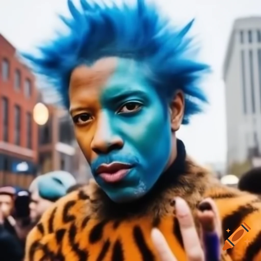 Denzel Washington with blue hair and tiger makeup dancing in Washington ...