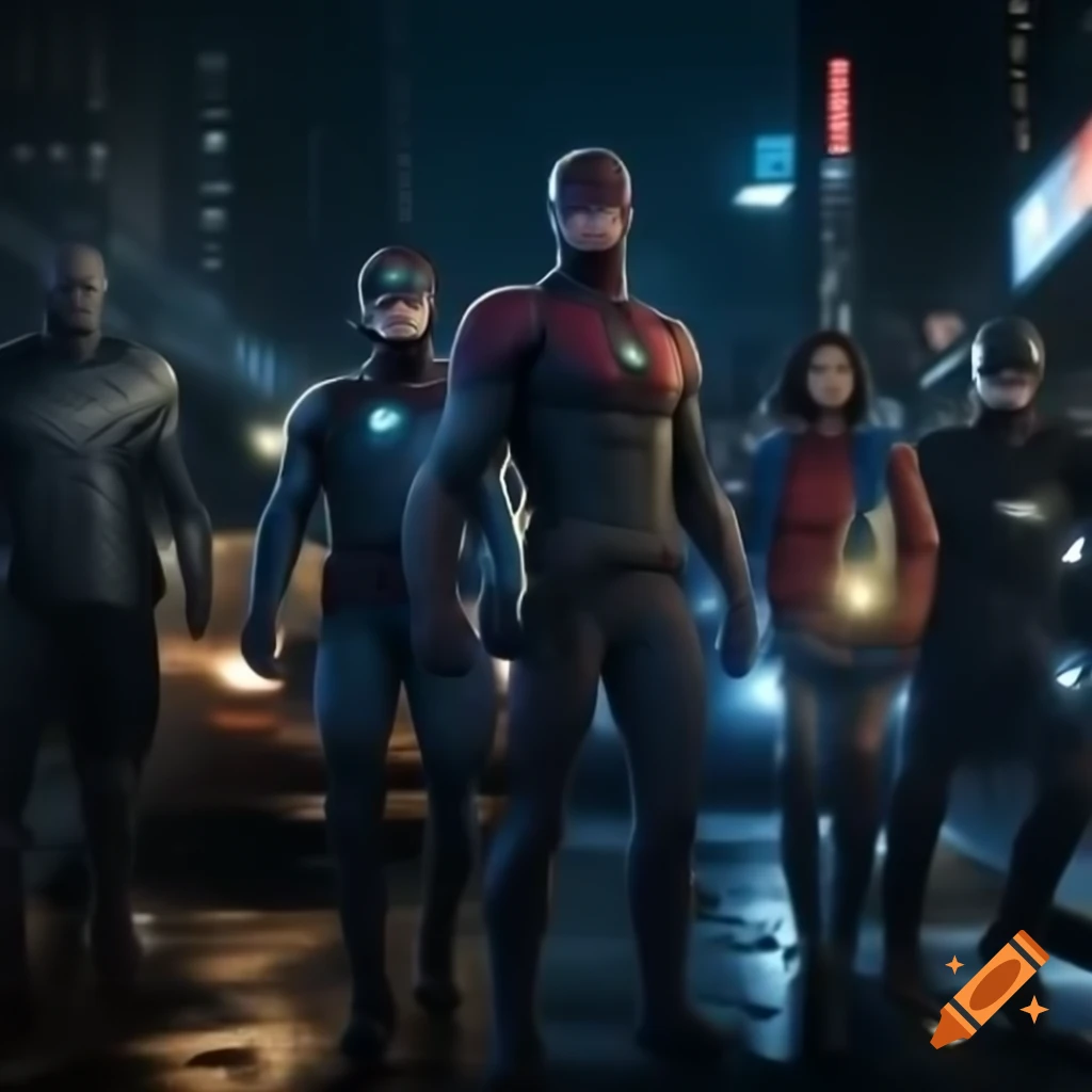 Superhero team in dynamic action poses preparing for battle in dark ...