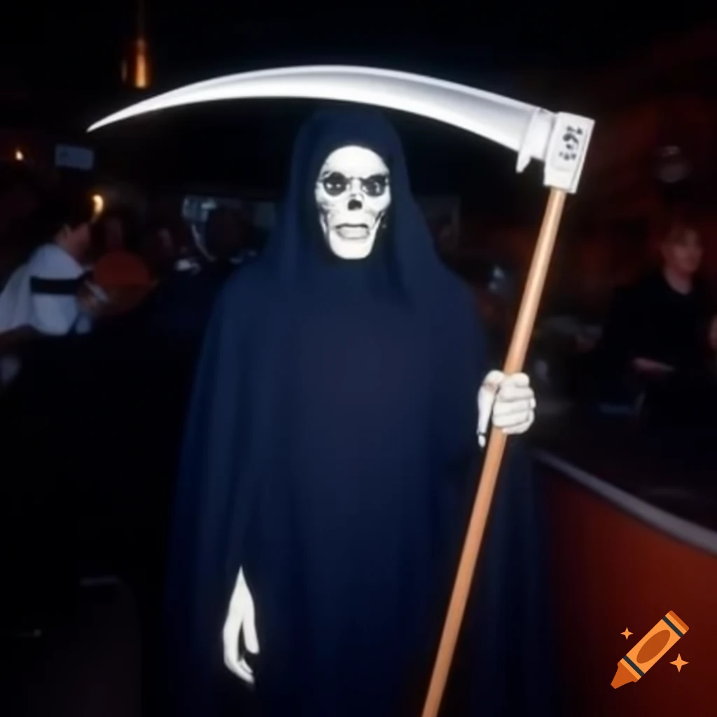 1980s themed death costume at chuck e. cheese with plastic scythe on ...