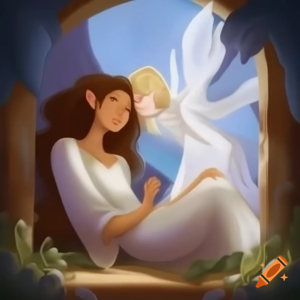 Ethereal angel whispering to a hardworking woman in a fantastical ...