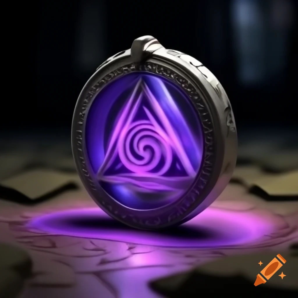 Silver amulet with purple glowing rune spiral on the floor, fantasy ...