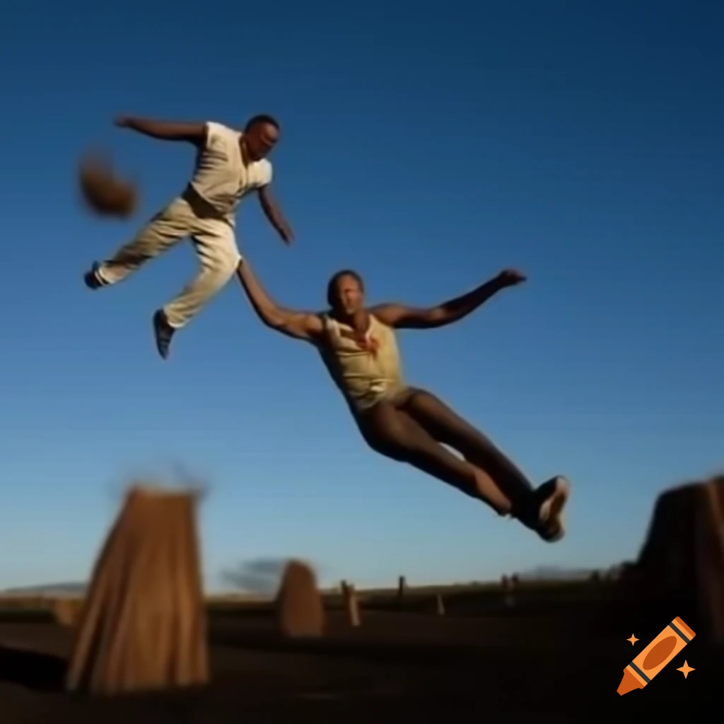 Kevin Hart flying while battling multiple caricatured figures on Craiyon