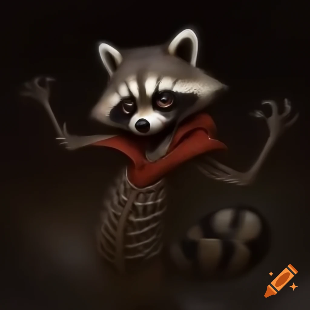 Life-sized cartoon raccoon with skeleton in midnight cloak, vibrant ...