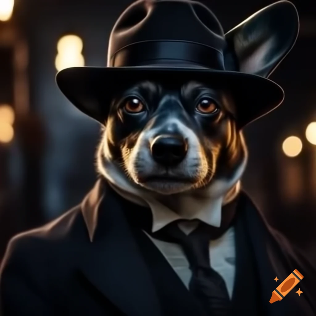 Black corgi in 1920s mafia attire in noir-style scene on Craiyon
