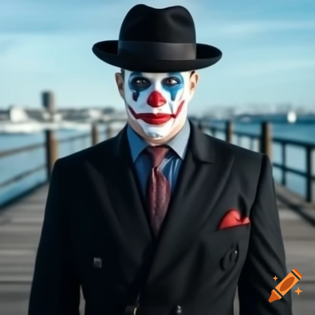 Mafia boss with clown makeup on a pier on Craiyon