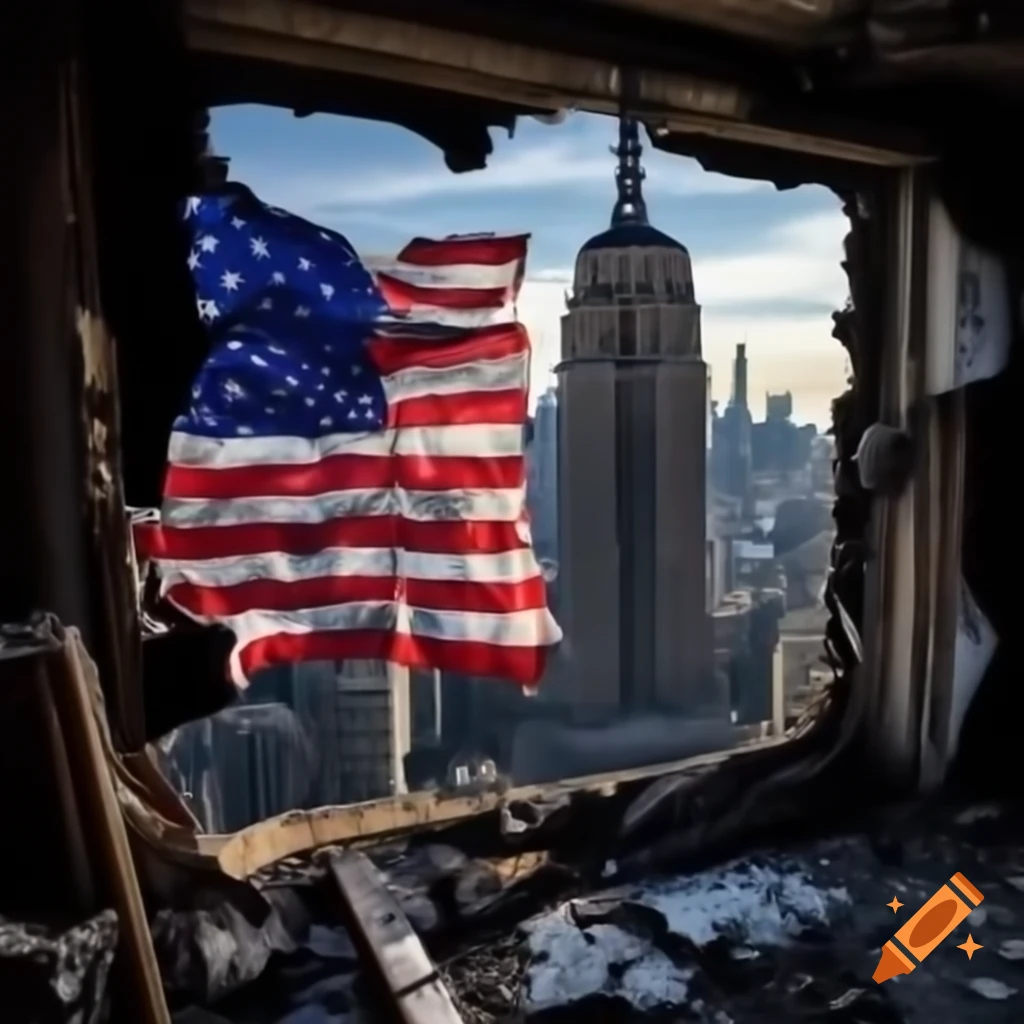 Tattered United States flag on damaged Empire State Building with dark ...