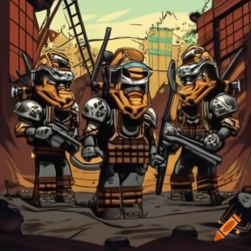 Post-apocalyptic LEGO warriors in industrial landscape with makeshift ...