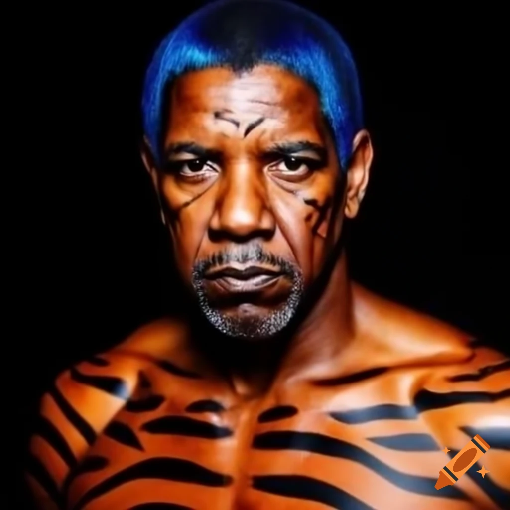 Muscular man with tiger-style makeup featuring blue hair and black ...