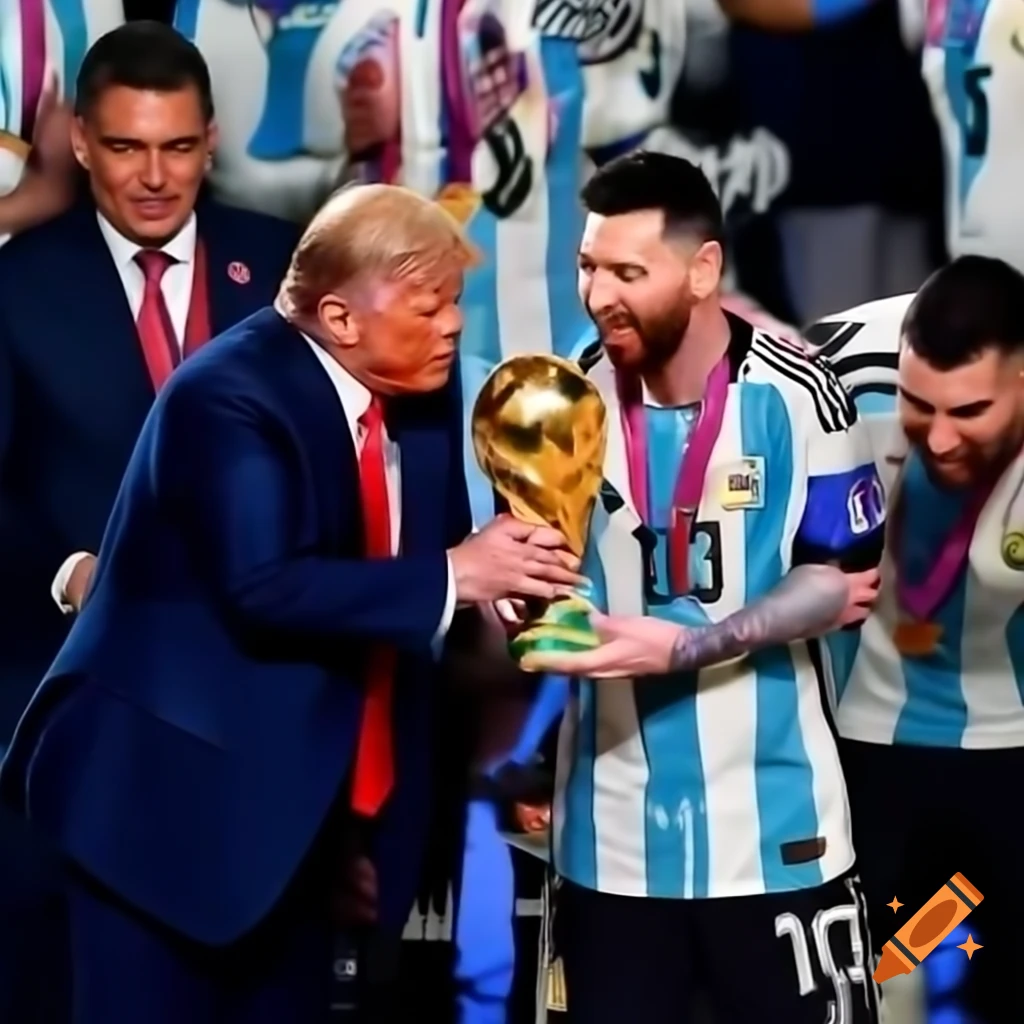 Donald trump presenting fifa world cup trophy to lionel messi and argentina football team on Craiyon