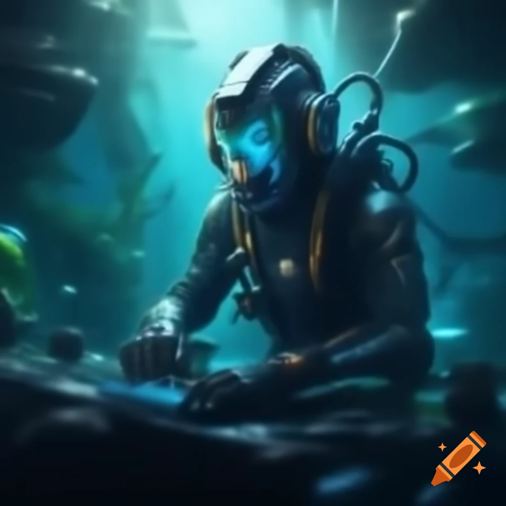 Futuristic underwater gamer immersed in gameplay with glowing ...
