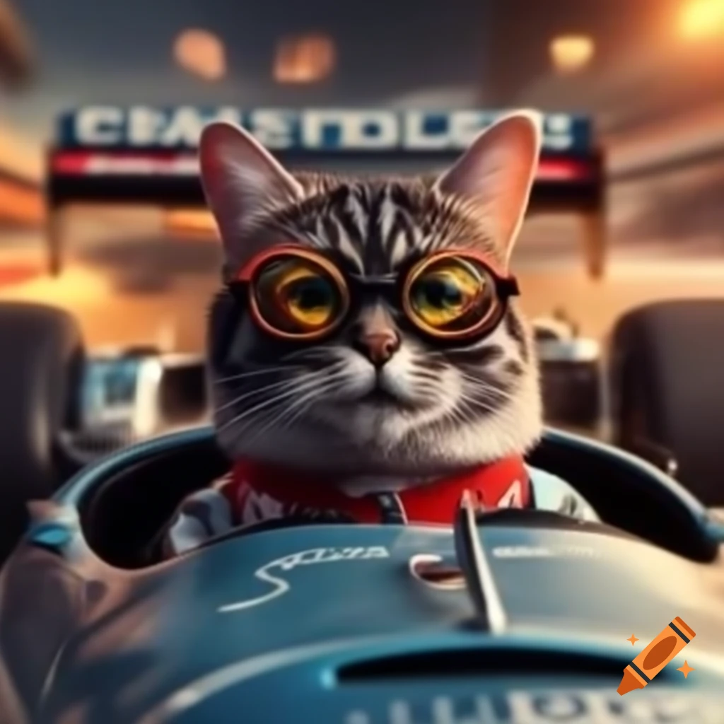 Cat with glasses driving Formula 1 car wearing football shirt on Craiyon