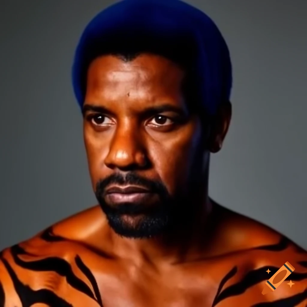 Muscular man with tiger-style makeup, blue hair, and orange skin with ...