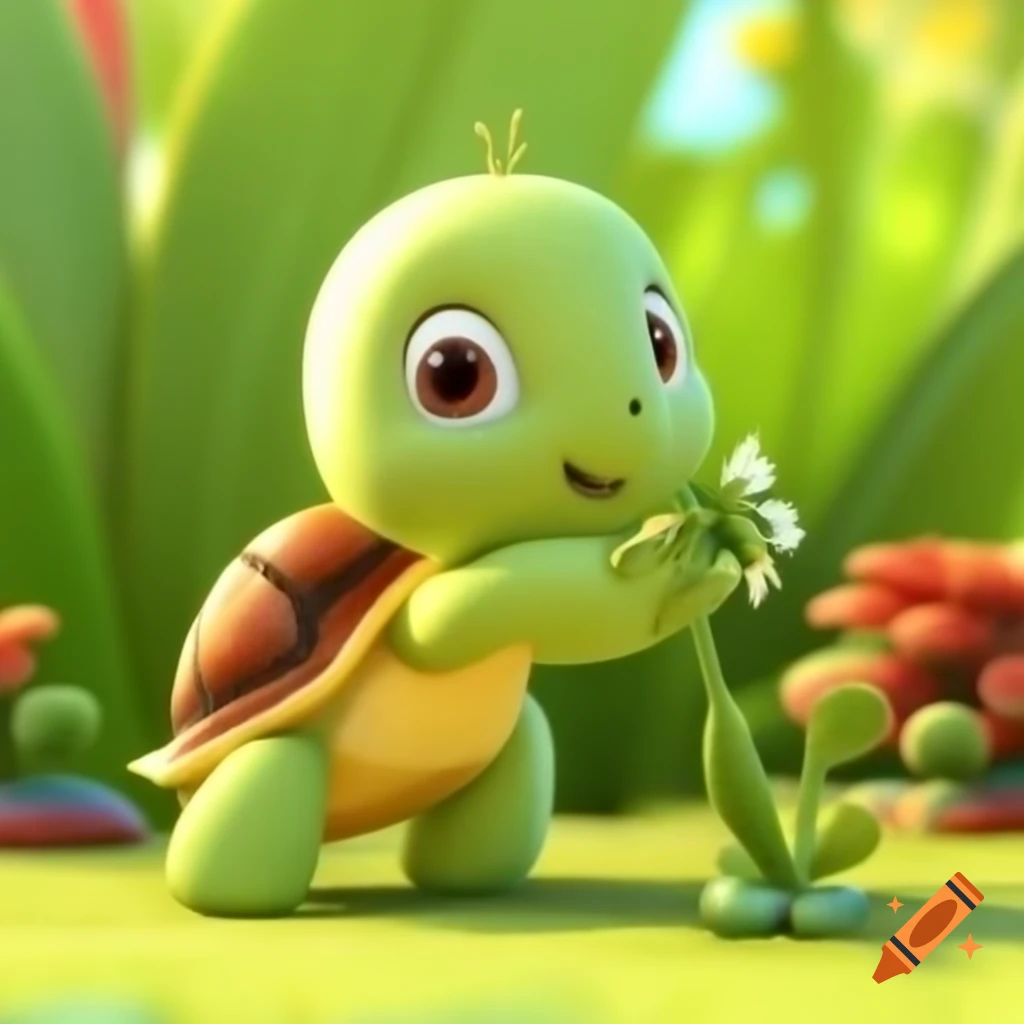 Friendly turtle tilly with flower in garden full of vibrant flowers and ...