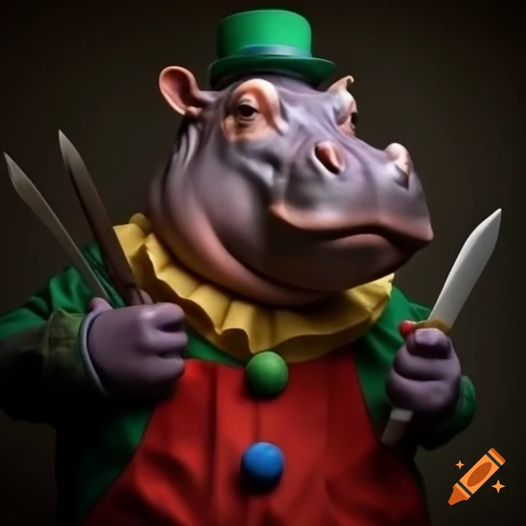 Hippo in clown makeup playfully holding a dagger on Craiyon