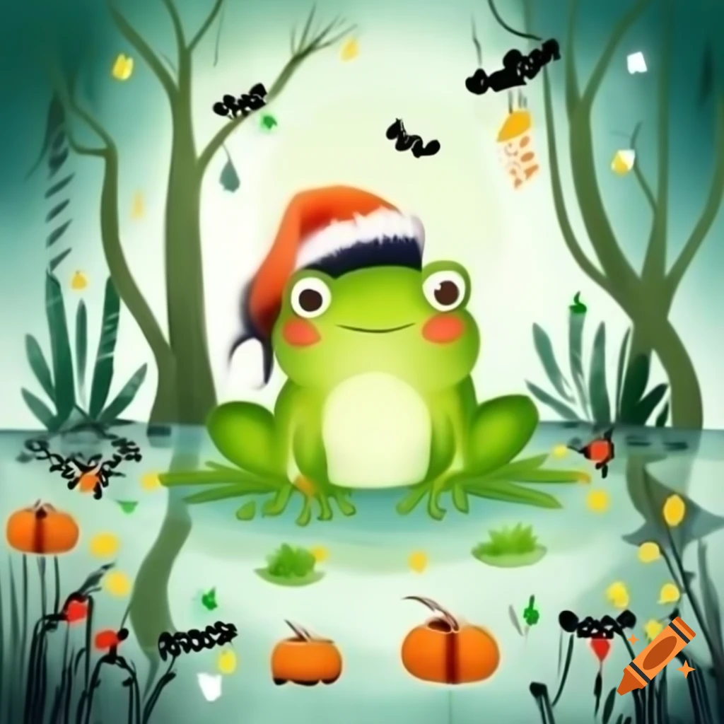 Cute frog surrounded by Christmas decorations in a swamp on Craiyon