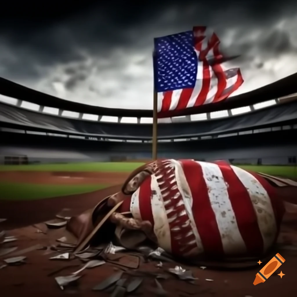 Tattered us flag at halfmast on destroyed baseball stadium with dark ...