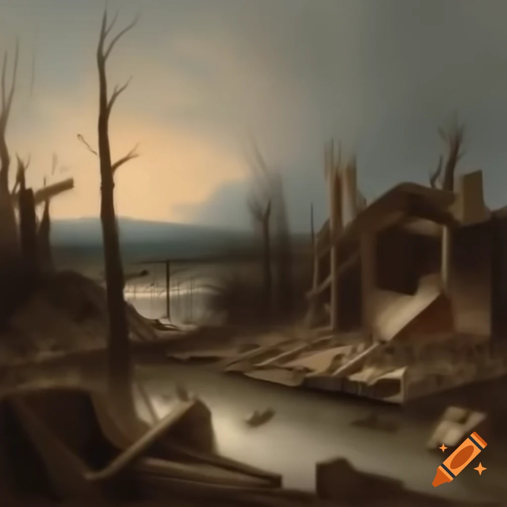 Dystopian landscape depicting destruction of nature and urban decay in ...