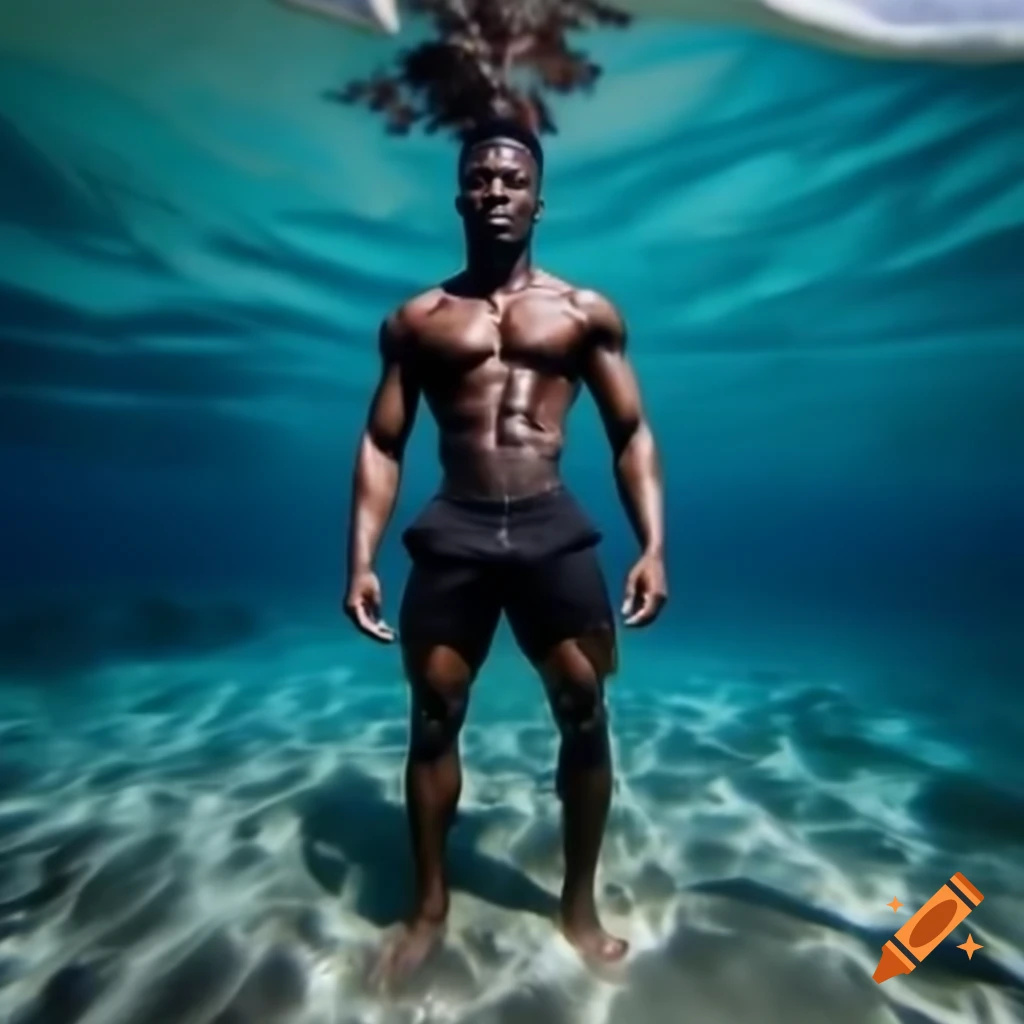Realistic underwater view of young muscular man in black speedos on ...