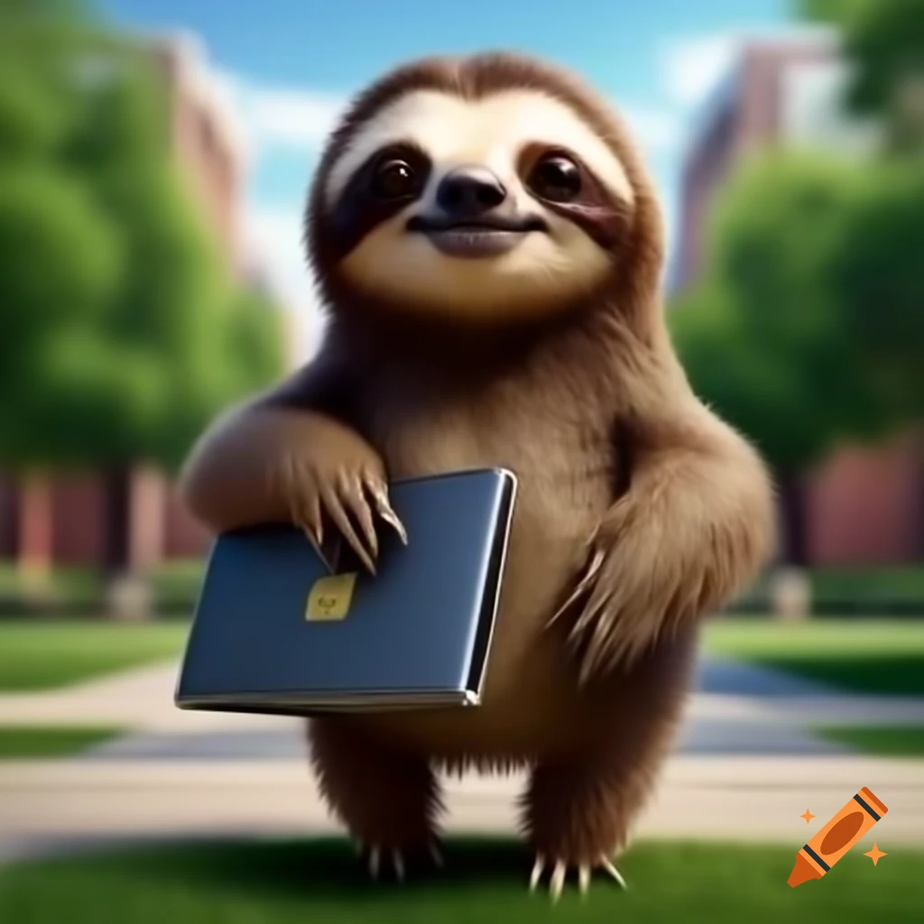Proud sloth with laptop celebrating academic achievement on campus on ...
