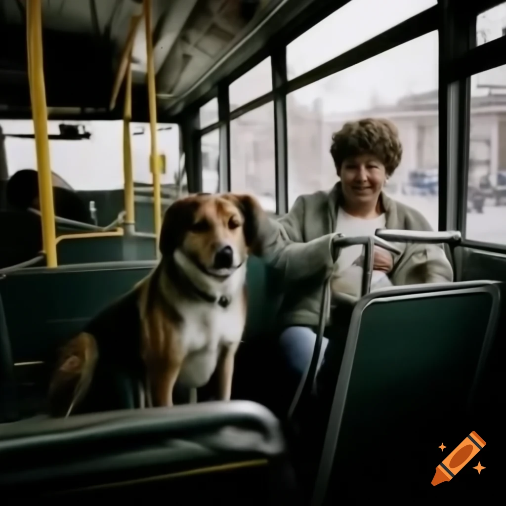 Friendly dog and owner sitting together on city bus, cheerful ...