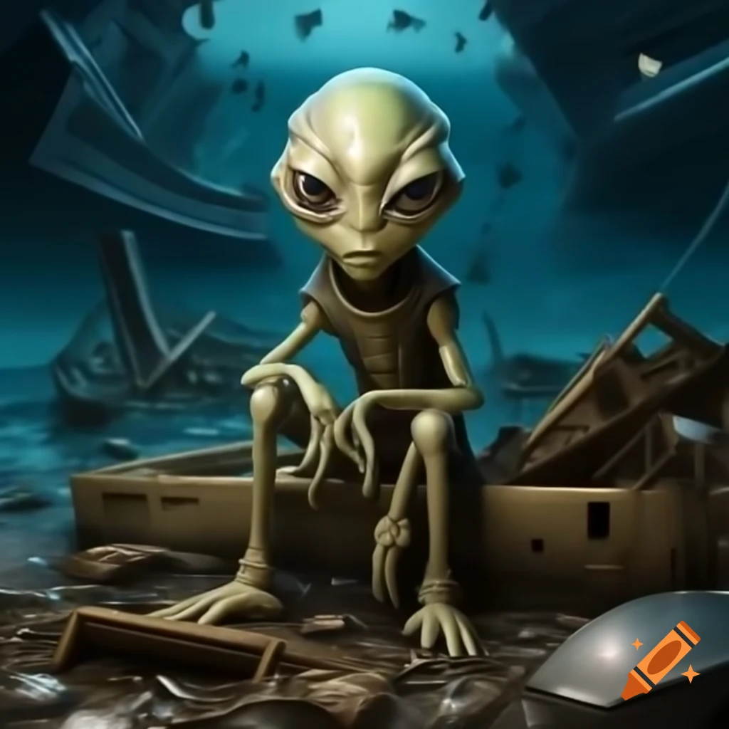 Alien beside wreckage of crashed spaceship on Craiyon