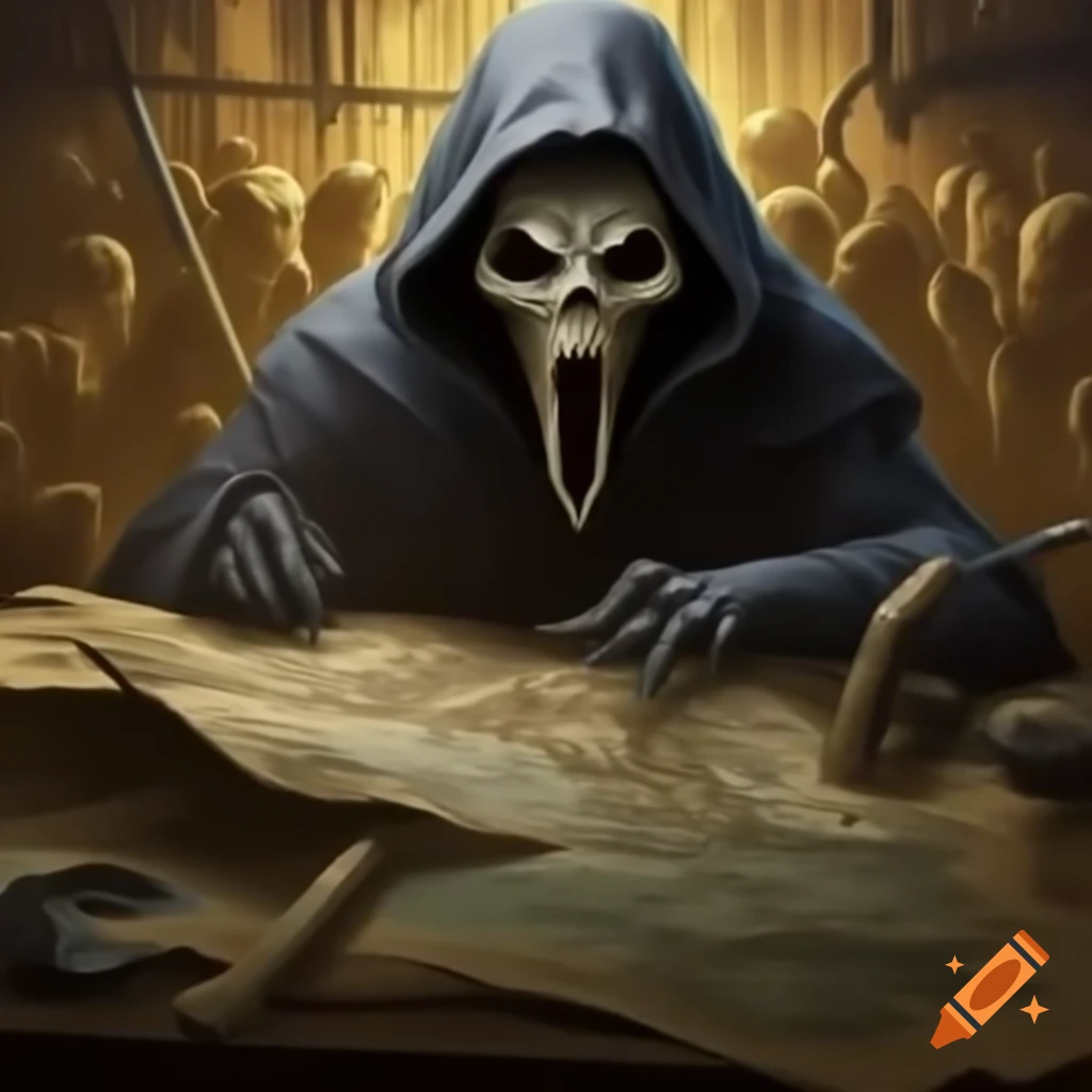 Grim Reaper figure over intricately detailed map of the United States ...