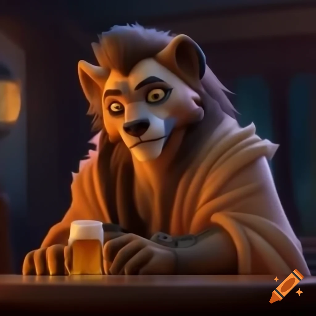 Cartoon hyena with Elvis hairstyle in robe holding beer at bar on Craiyon