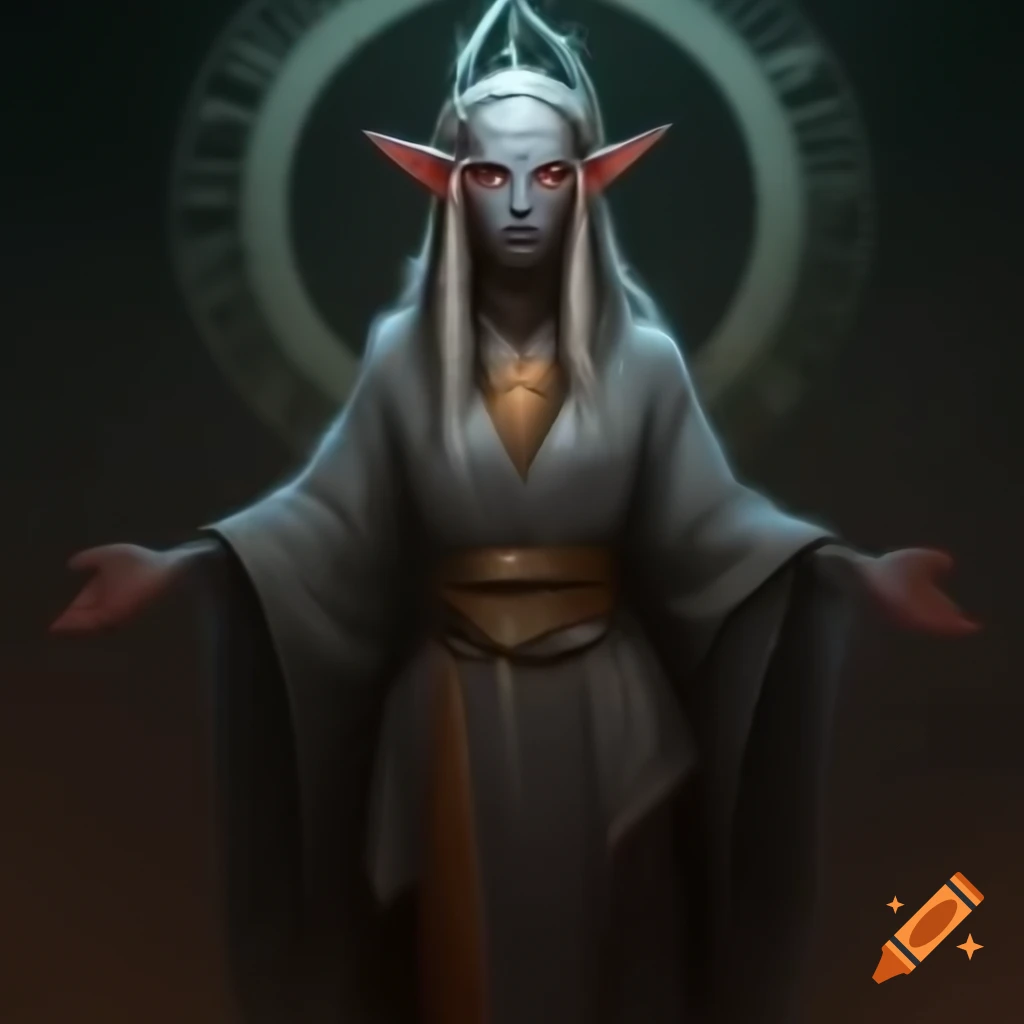 Ethereal tiefling priestess in grey robes with halo-shaped horns ...