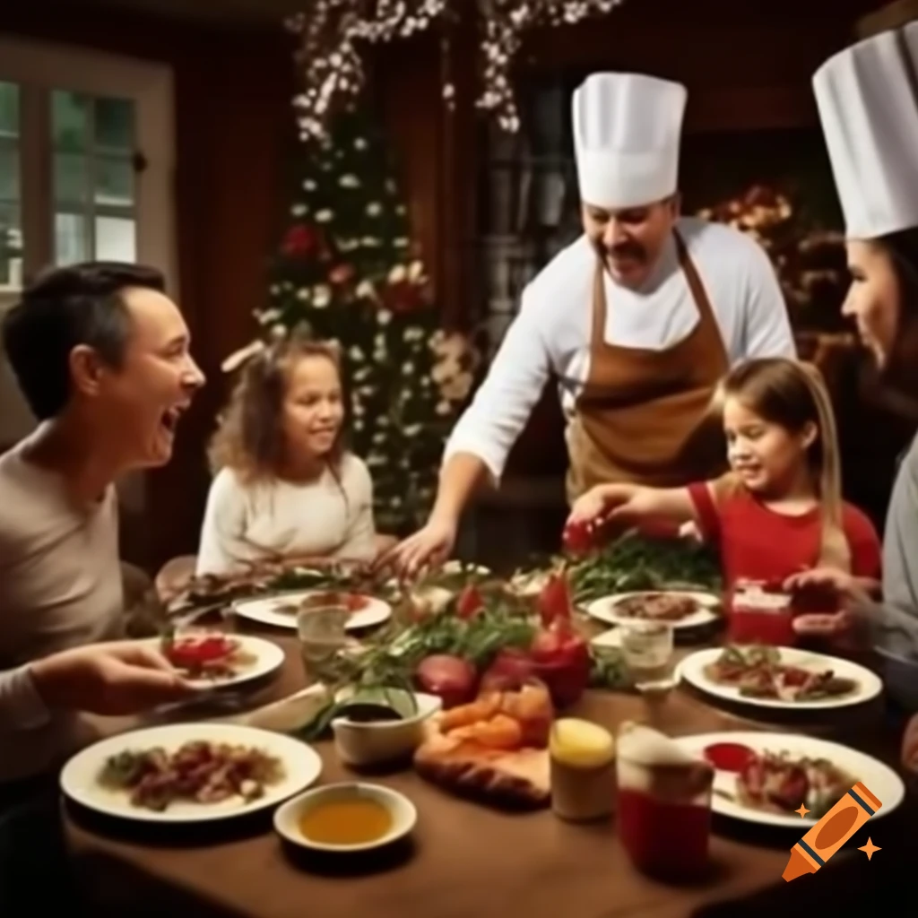 Family complimenting chef during christmas dinner on Craiyon