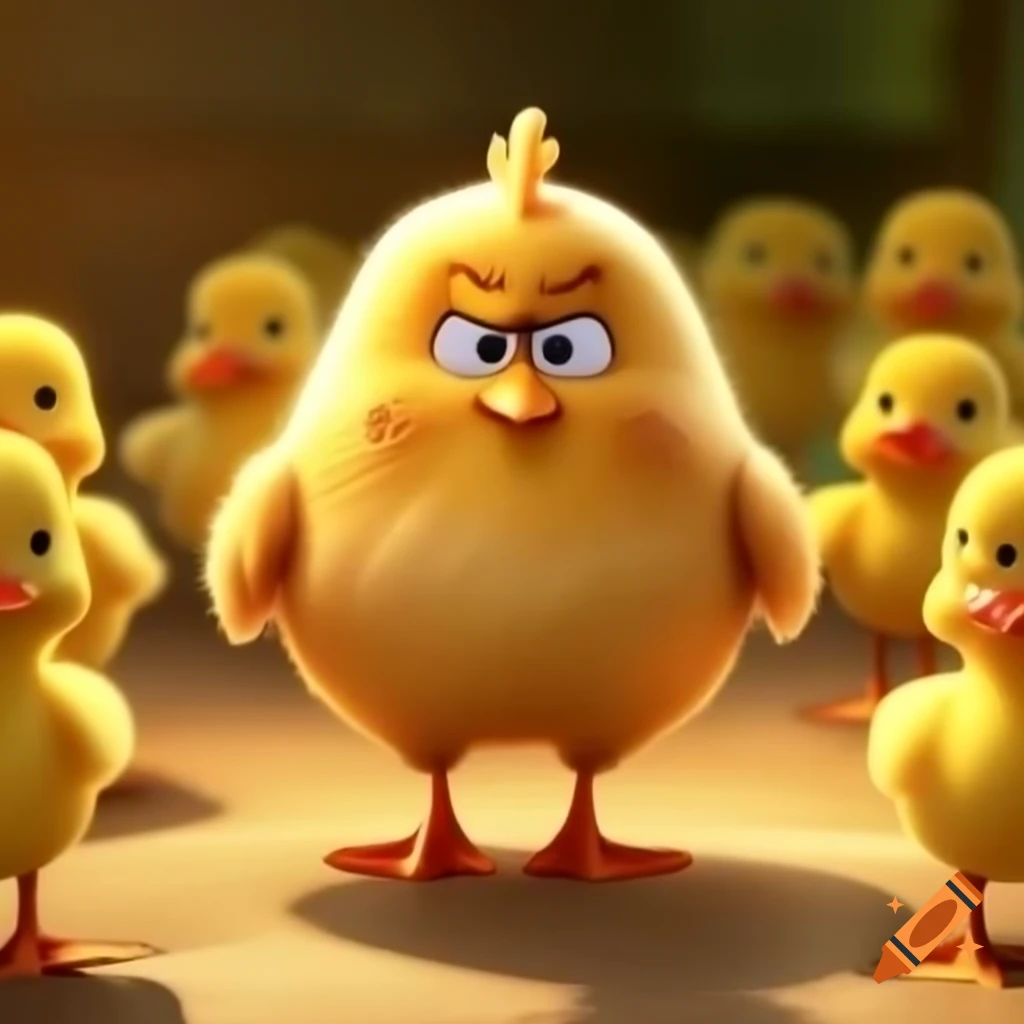 Ten small yellow chicks surrounding one angry duck on Craiyon