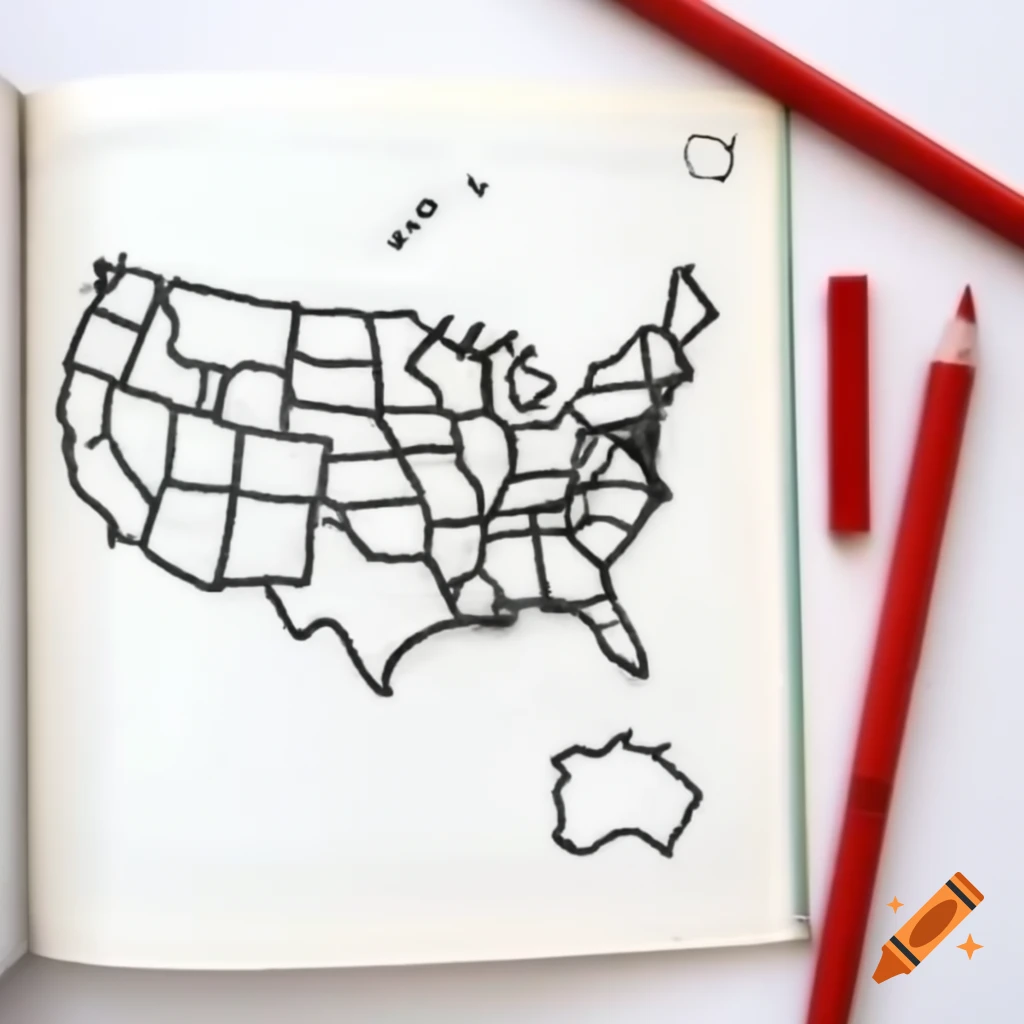 United States map coloring book with red crayon on Craiyon