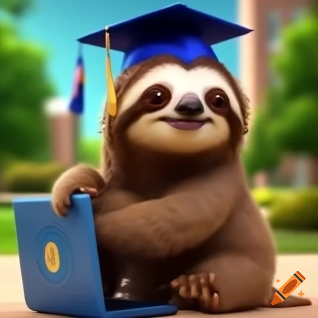 Sloth wearing graduation cap and smiling with laptop on campus on Craiyon