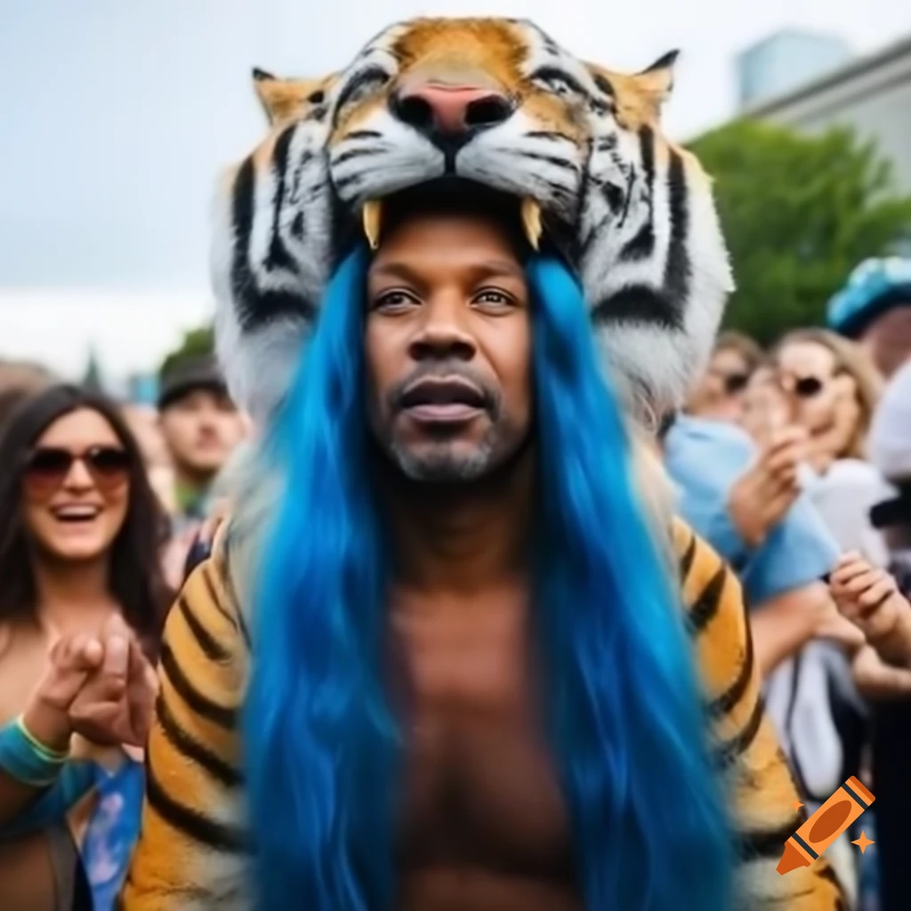 Denzel Washington with blue hair and tiger makeup dancing in Washington ...