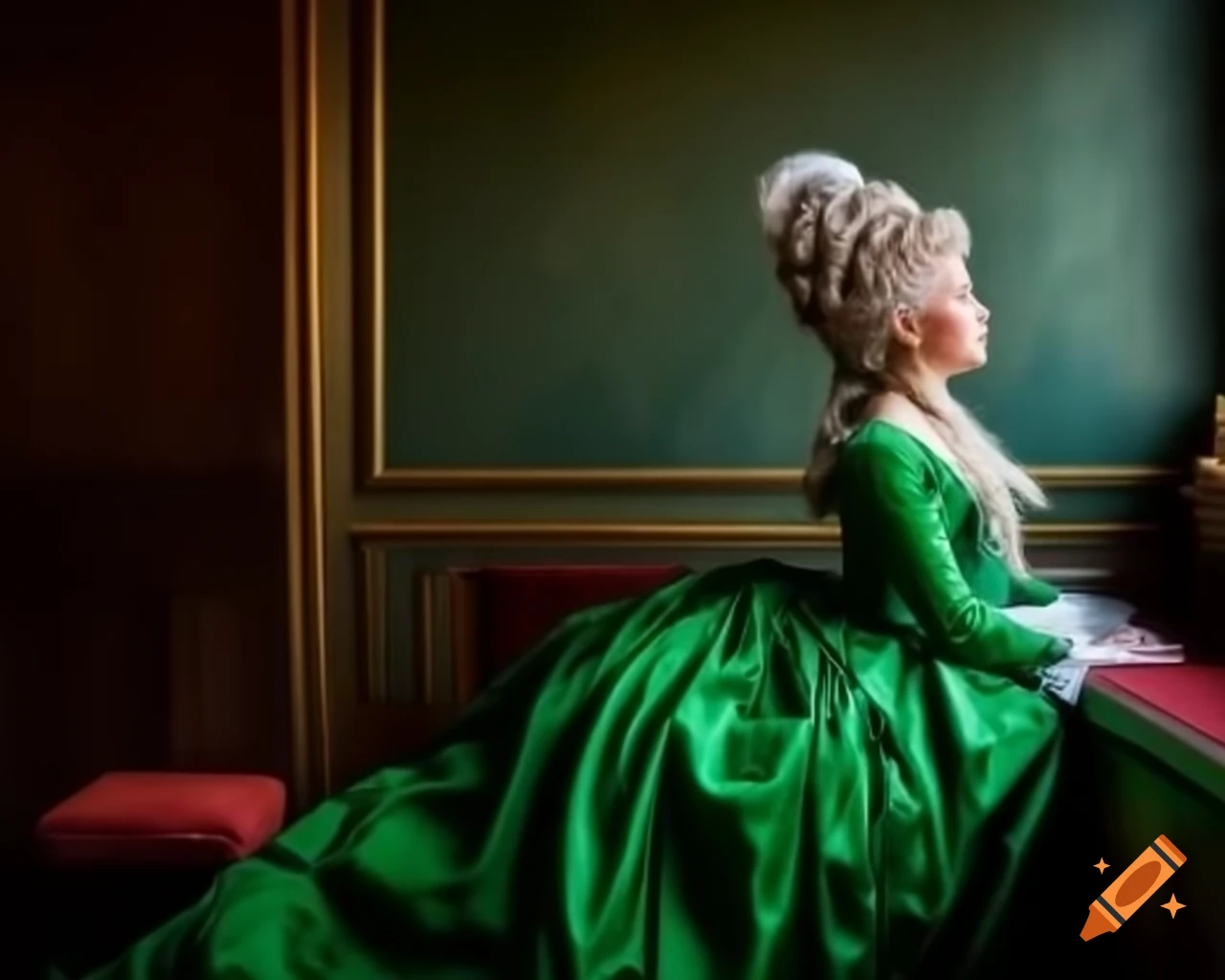 Marie Antoinette in green dress sitting on a whoopee cushion, laughing ...