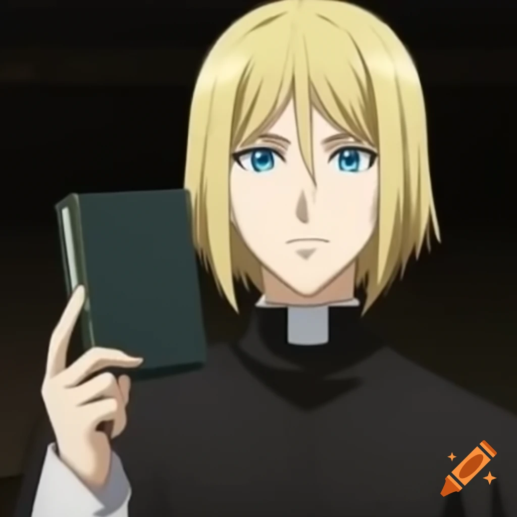 Anime priest with blue eyes and bible expressing determination on Craiyon