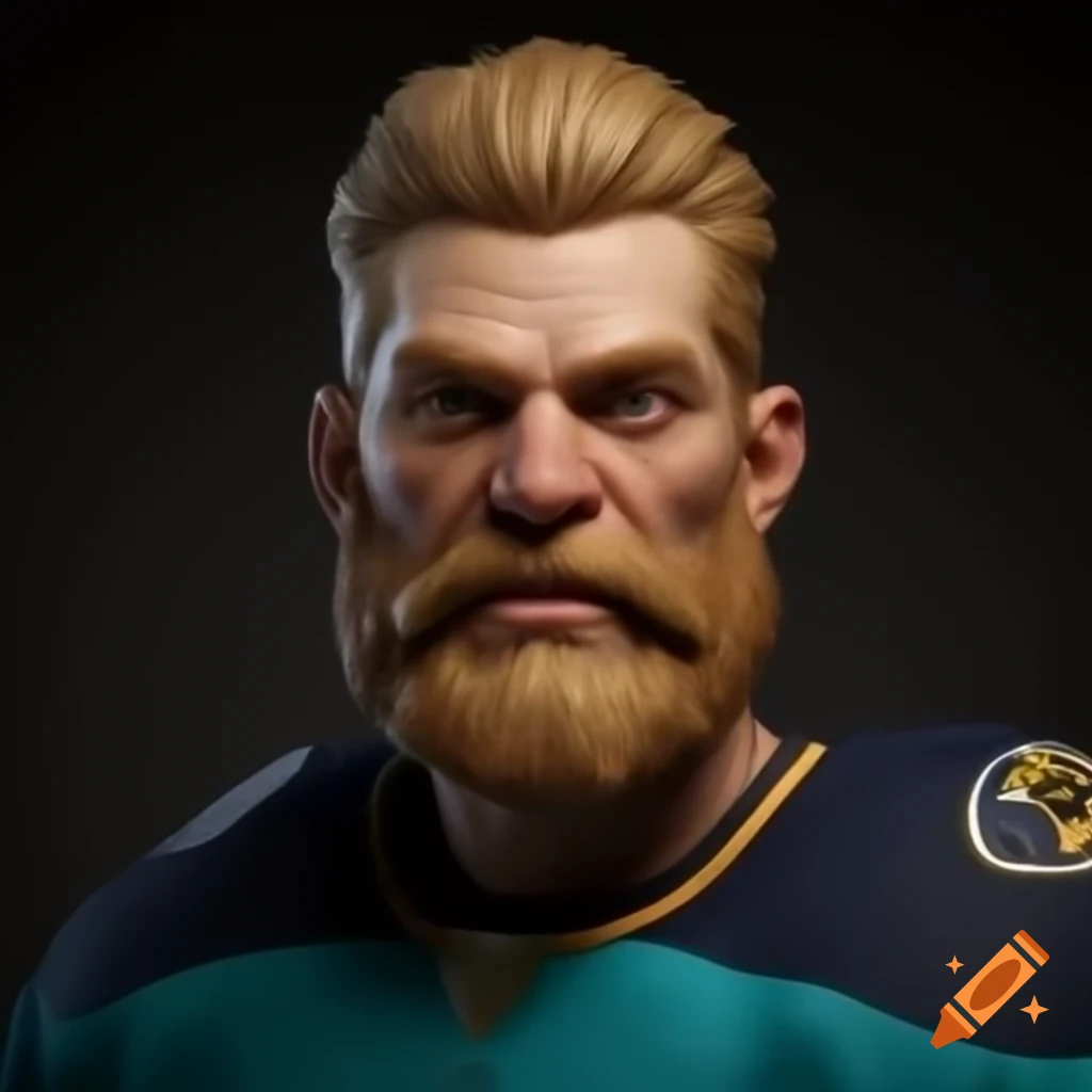 Realistic hockey player in teal uniform with blond hair and beard on ...