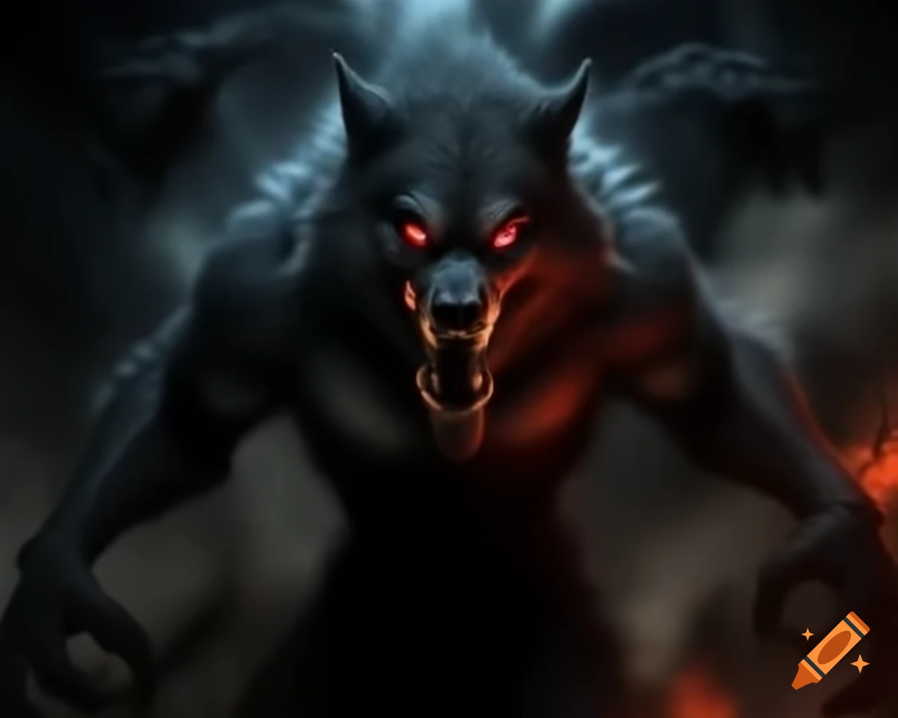 Shadows of wolves with red eyes, claws, and teeth on Craiyon