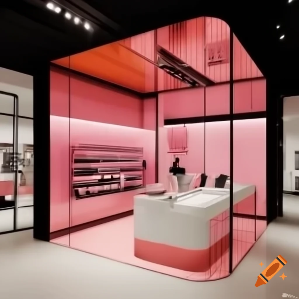 Interior design of a beauty pop-up store featuring pinkish orange ...