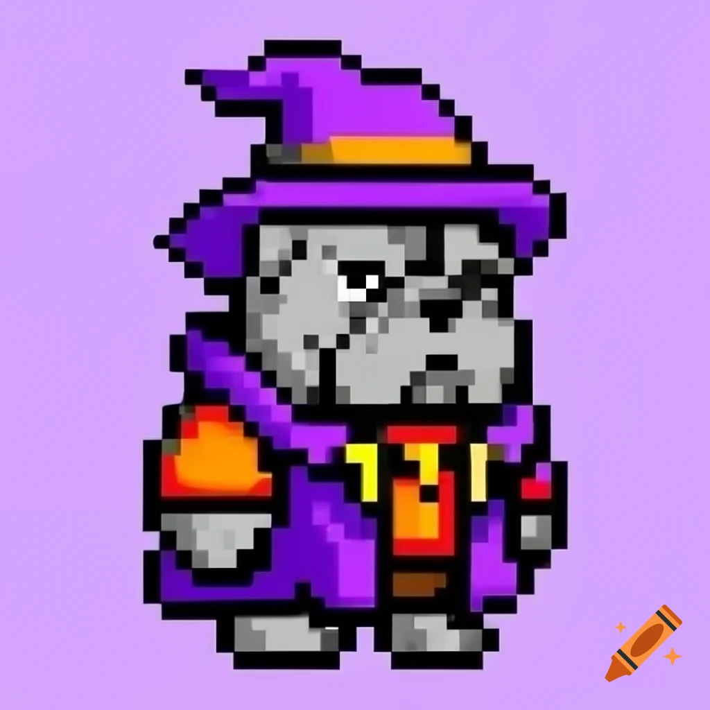 8-Bit pixel art bulldog wizard in purple robes and crooked hat on Craiyon