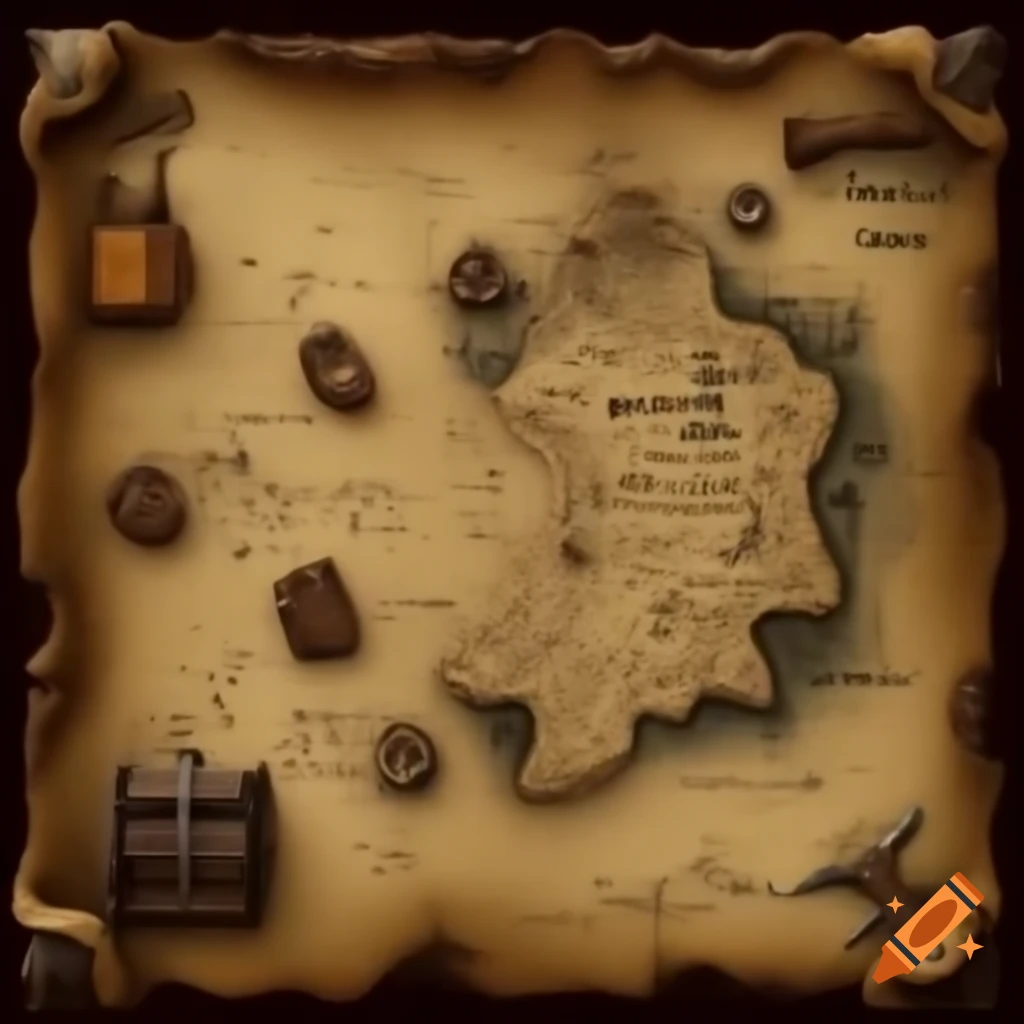 Detailed antique pirate map with skull, treasure chests, and ships on ...