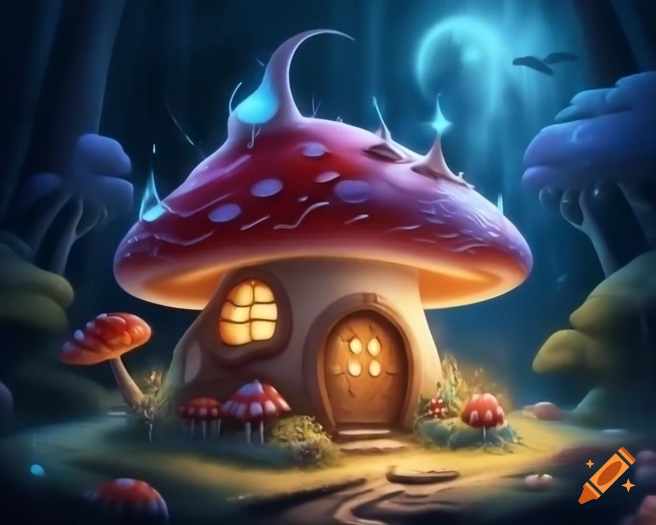 Whimsical cottage with toadstool cap, enchanting gingerbread structure on Craiyon