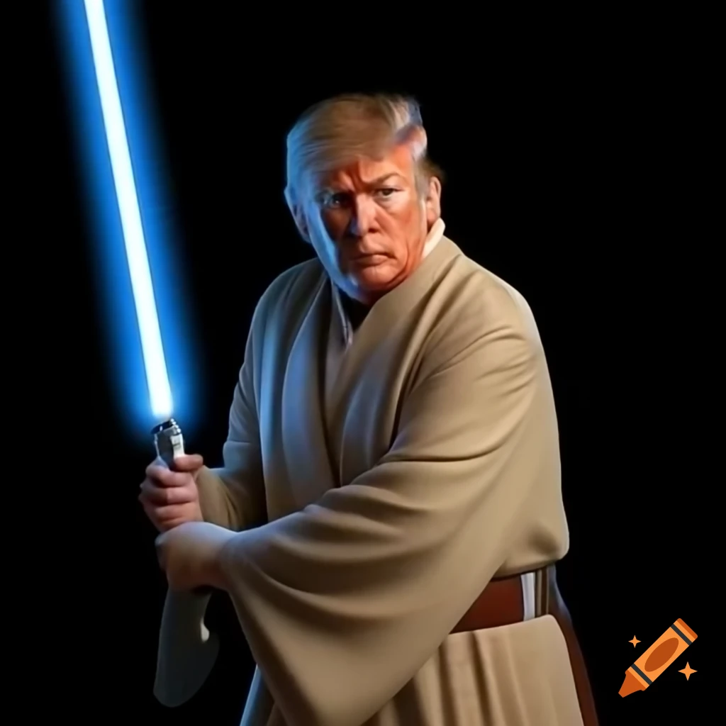 Donald Trump as a Jedi wielding a blue lightsaber in tan robes on Craiyon