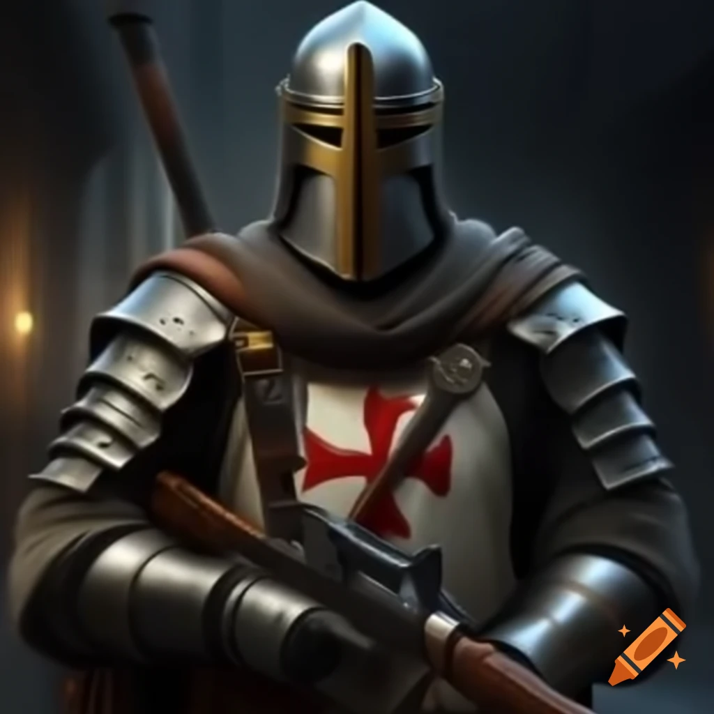 Crusader knight equipped with modern weapons and combat gear on Craiyon