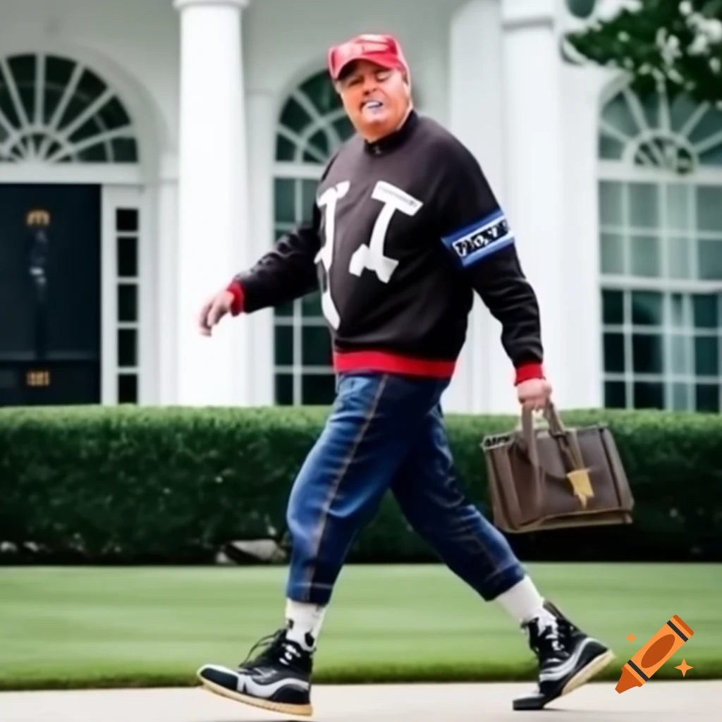 Donald Trump in streetwear, wearing Jordans and Louis Vuitton sweater ...