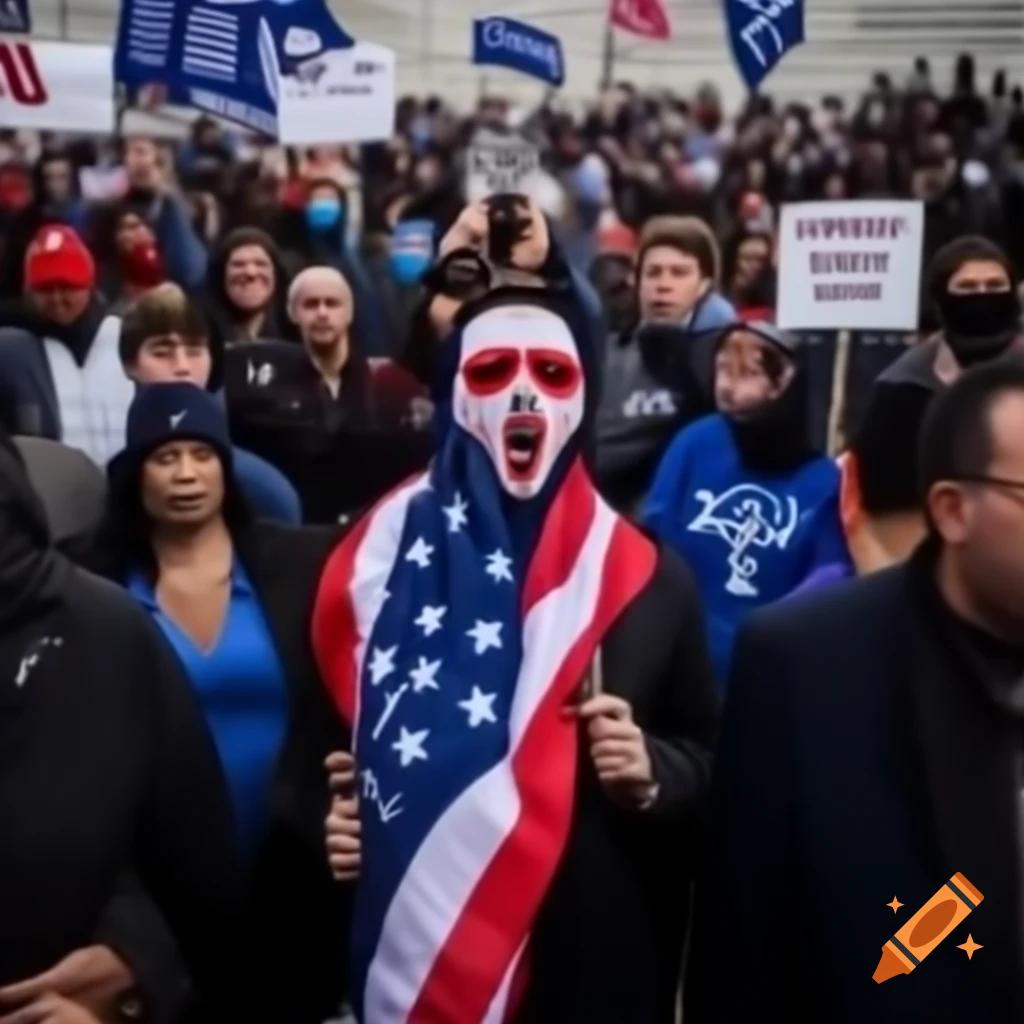 Crowd scene depicting a character with horns and USA flag at a protest ...