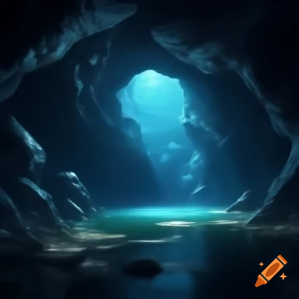 Dark water cave with blue glow from the depths on Craiyon