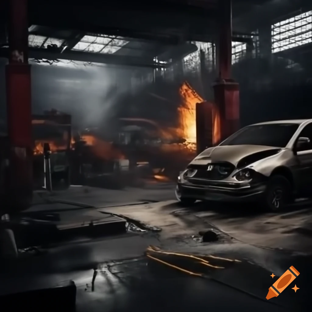 Car repair shop on fire during the day, dramatic explosion scene on Craiyon