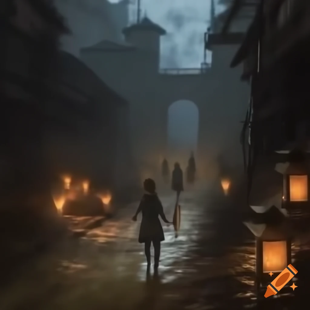 Anime woman walking in muddy castle with old lamps and dead trees on ...