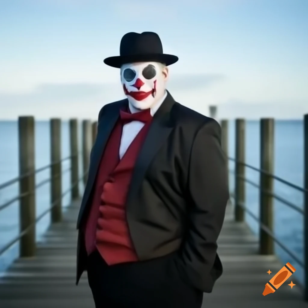 Mafia boss with clown makeup on a pier on Craiyon